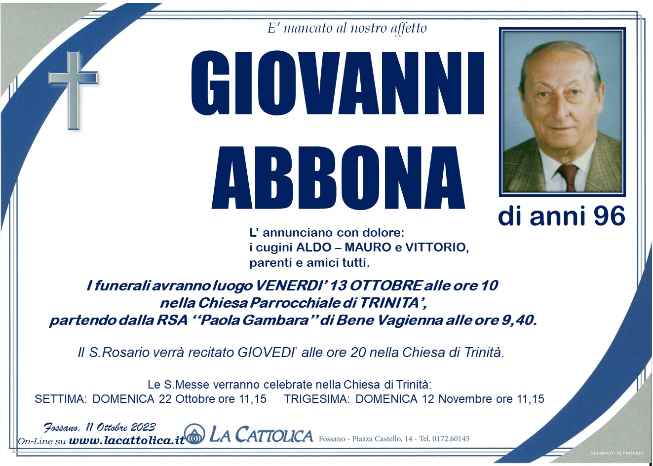Abbona Giovanni – Onoranze funebri La Cattolica – Fossano – Cuneo