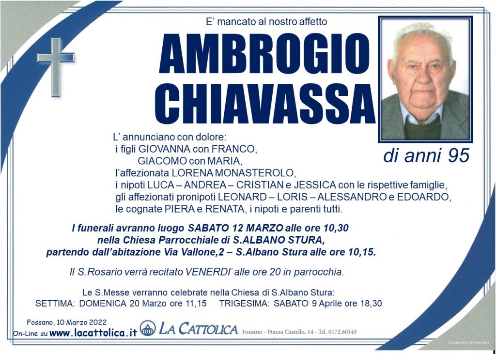Ambrogio Chiavassa – Onoranze funebri La Cattolica – Fossano – Cuneo