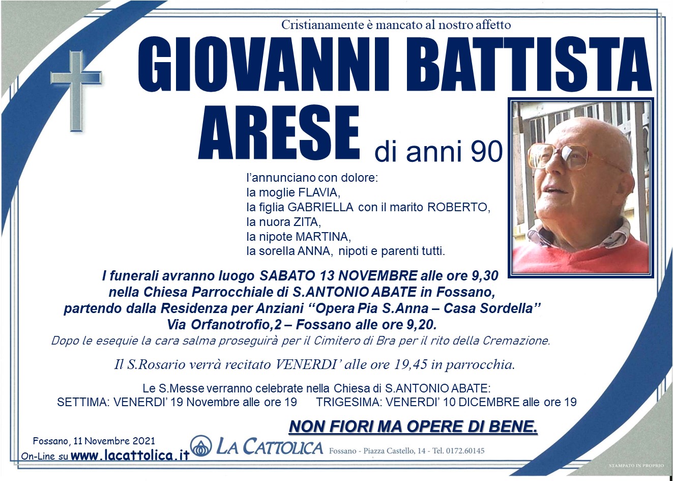 Giovanni Battista Arese – Onoranze funebri La Cattolica – Fossano – Cuneo