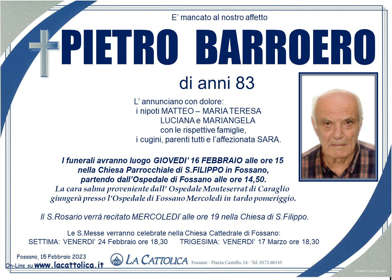 Pietro Barroero – Onoranze funebri La Cattolica – Fossano – Cuneo