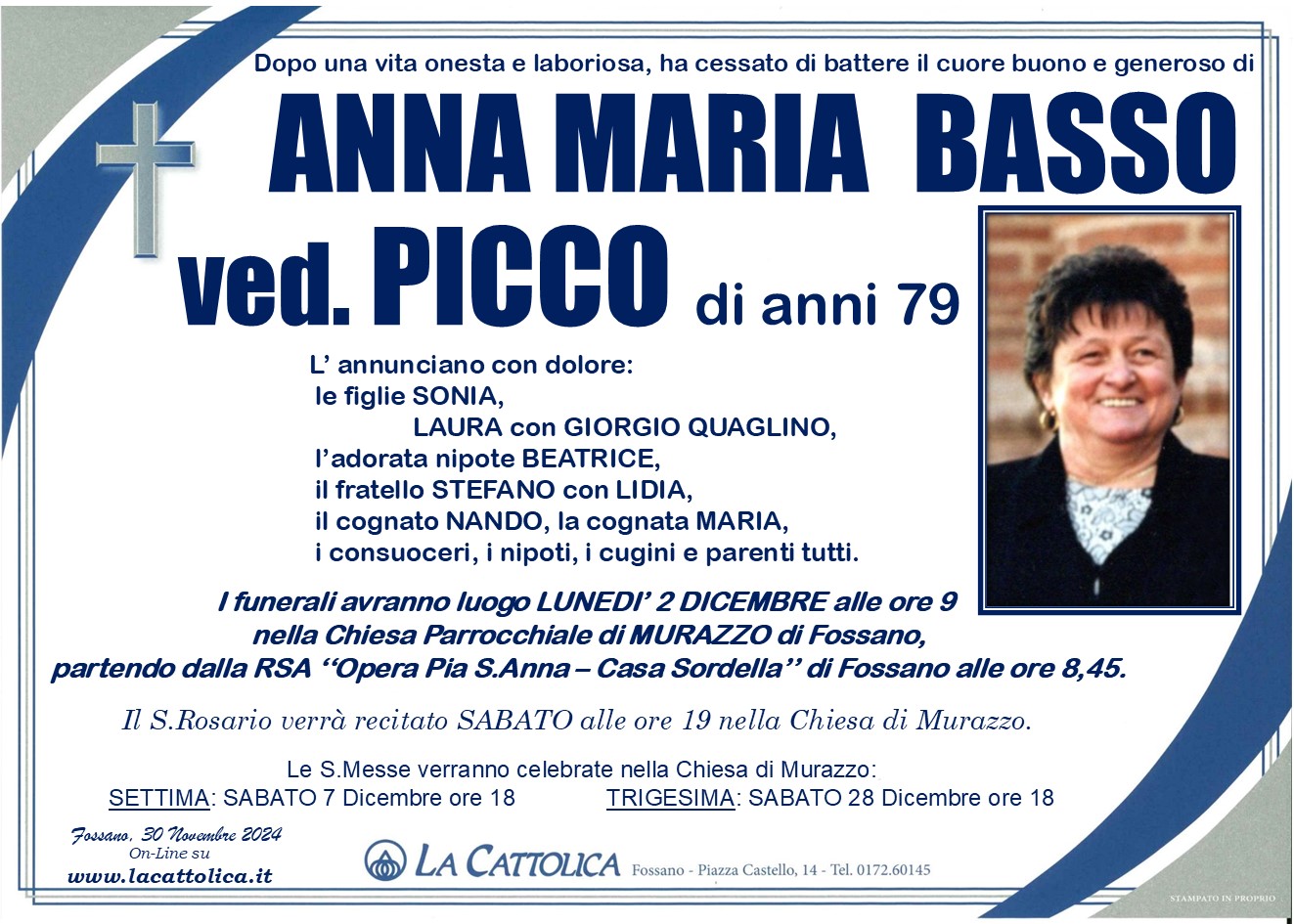 Basso Anna Maria ved. Picco – Onoranze funebri La Cattolica – Fossano ...