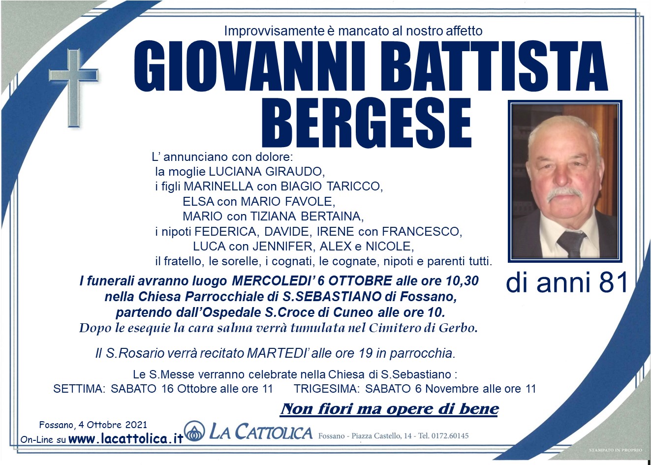 Giovanni Battista Bergese – Onoranze funebri La Cattolica – Fossano – Cuneo