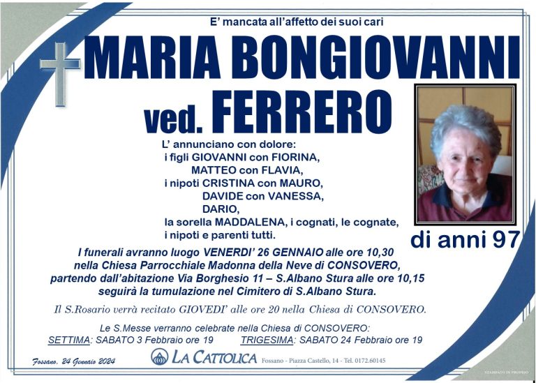 Bongiovanni Maria ved. Ferrero – Onoranze funebri La Cattolica – Fossano – Cuneo