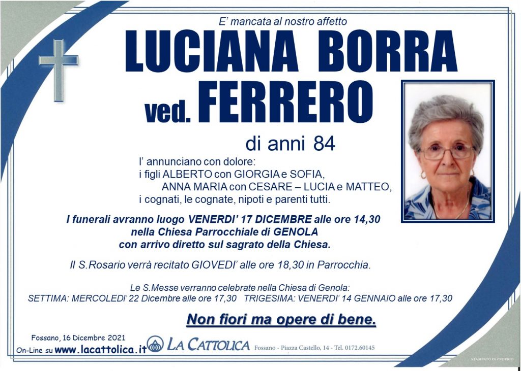 Luciana Borra ved. Ferrero – Onoranze funebri La Cattolica – Fossano – Cuneo