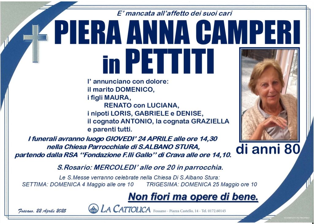 Camperi Piera Anna in Pettiti – Onoranze funebri La Cattolica – Fossano ...