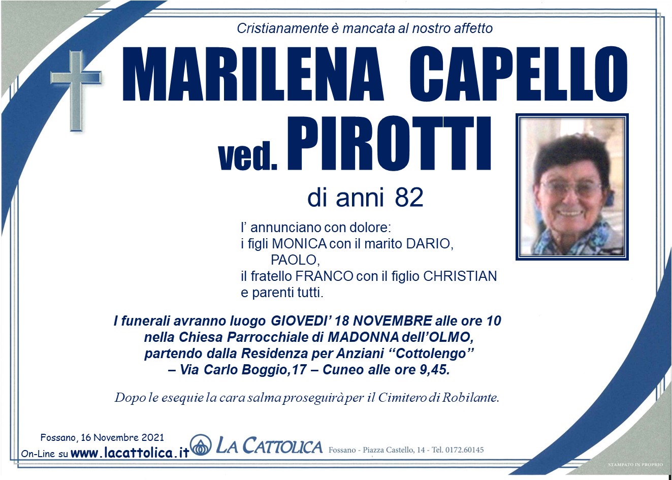 Marilena Capello ved. Pirotti – Onoranze funebri La Cattolica – Fossano – Cuneo