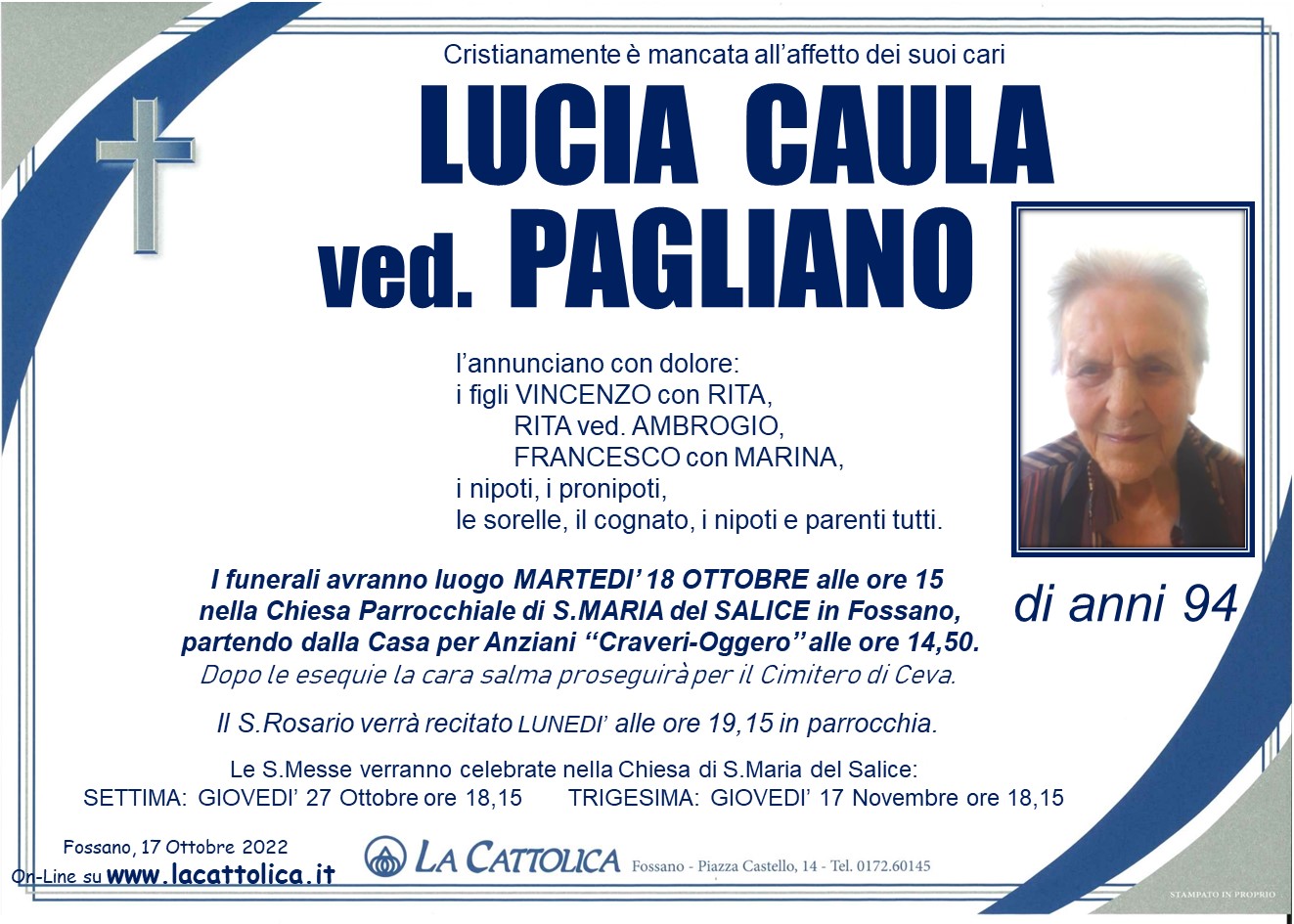 Necrologi – Onoranze funebri La Cattolica – Fossano – Cuneo