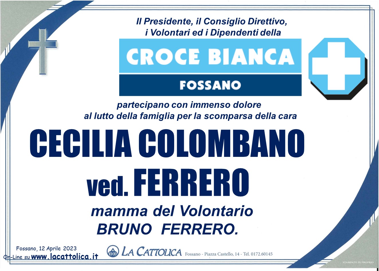 Cecilia Colombano ved. Ferrero – Onoranze funebri La Cattolica – Fossano – Cuneo