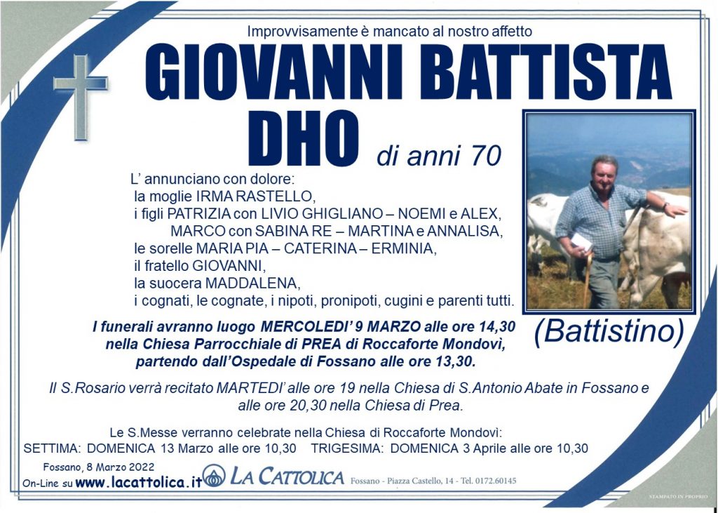 Giovanni Battista Dho (Battistino) – Onoranze funebri La Cattolica – Fossano – Cuneo