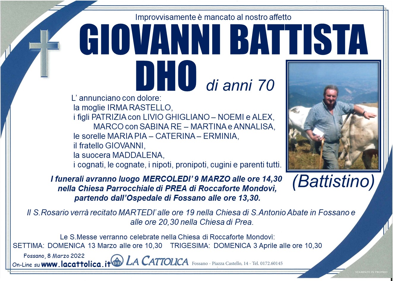 Giovanni Battista Dho (Battistino) – Onoranze funebri La Cattolica – Fossano – Cuneo