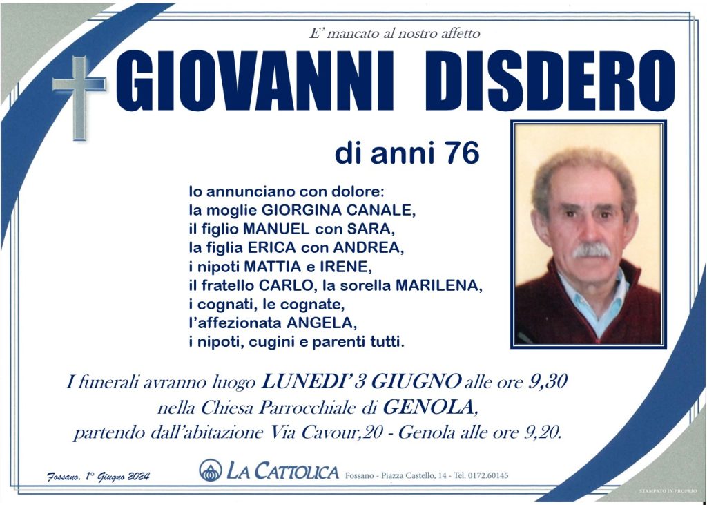 Disdero Giovanni – Onoranze funebri La Cattolica – Fossano – Cuneo