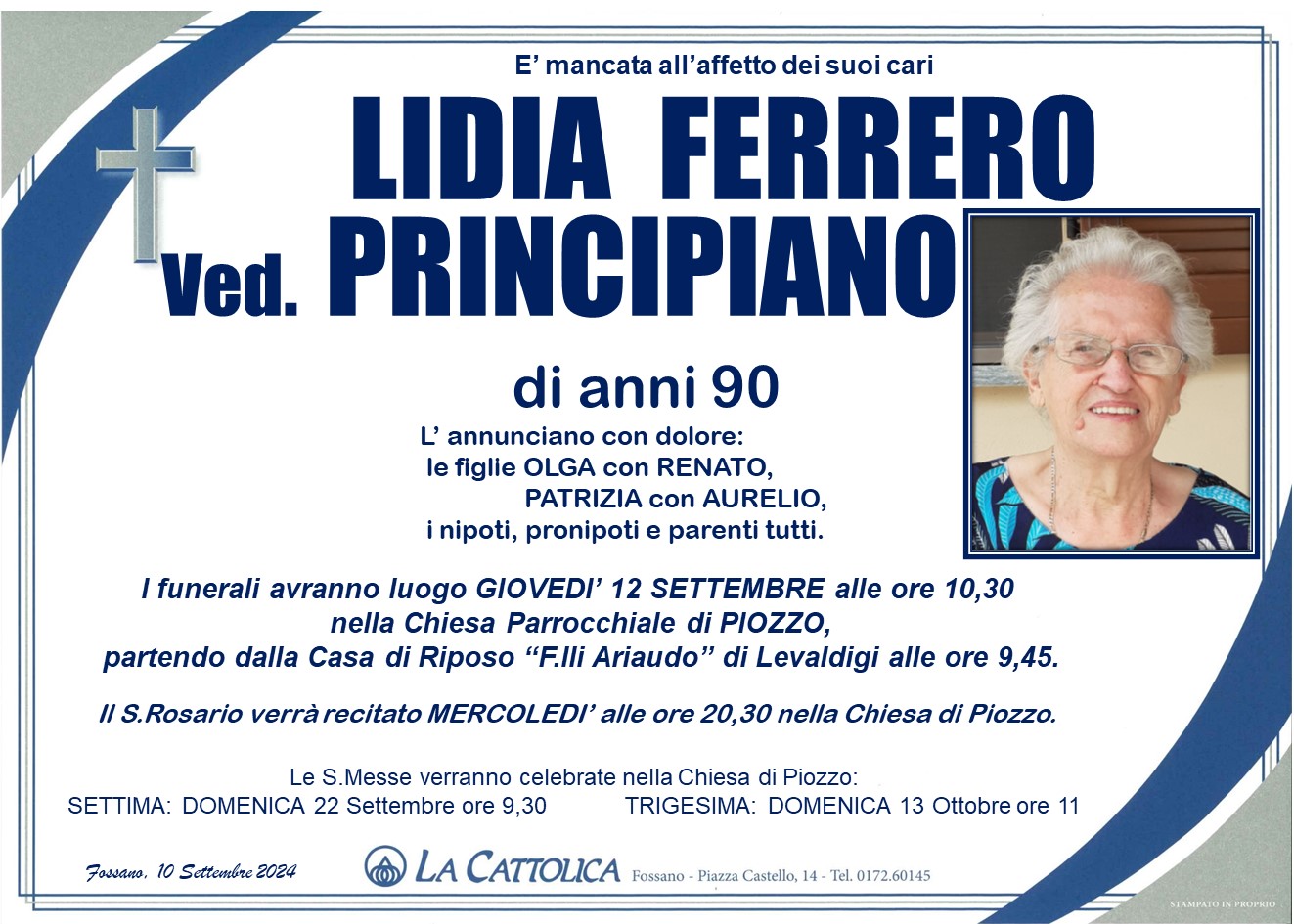 Ferrero Lidia ved. Principiano – Onoranze funebri La Cattolica – Fossano – Cuneo