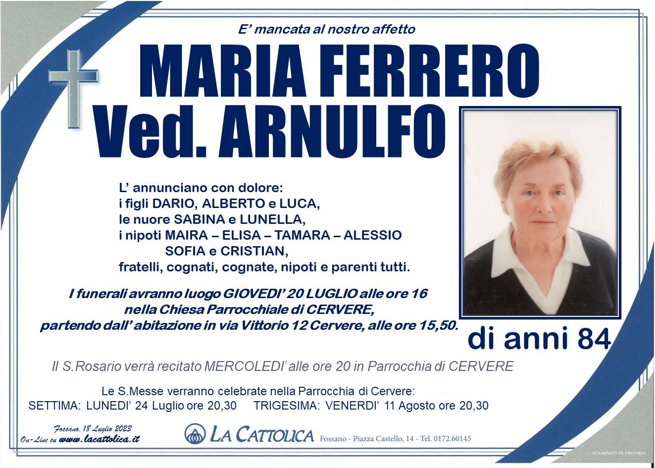 Maria Ferrero ved. Arnulfo – Onoranze funebri La Cattolica – Fossano – Cuneo
