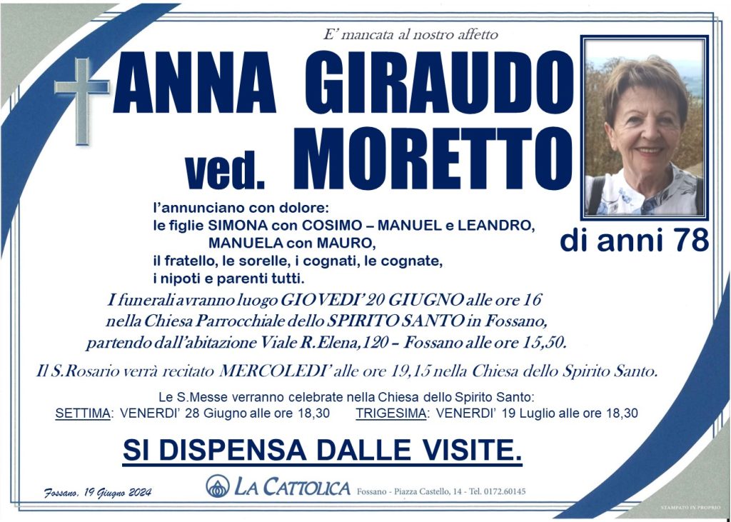Giraudo Anna ved. Moretto – Onoranze funebri La Cattolica – Fossano – Cuneo