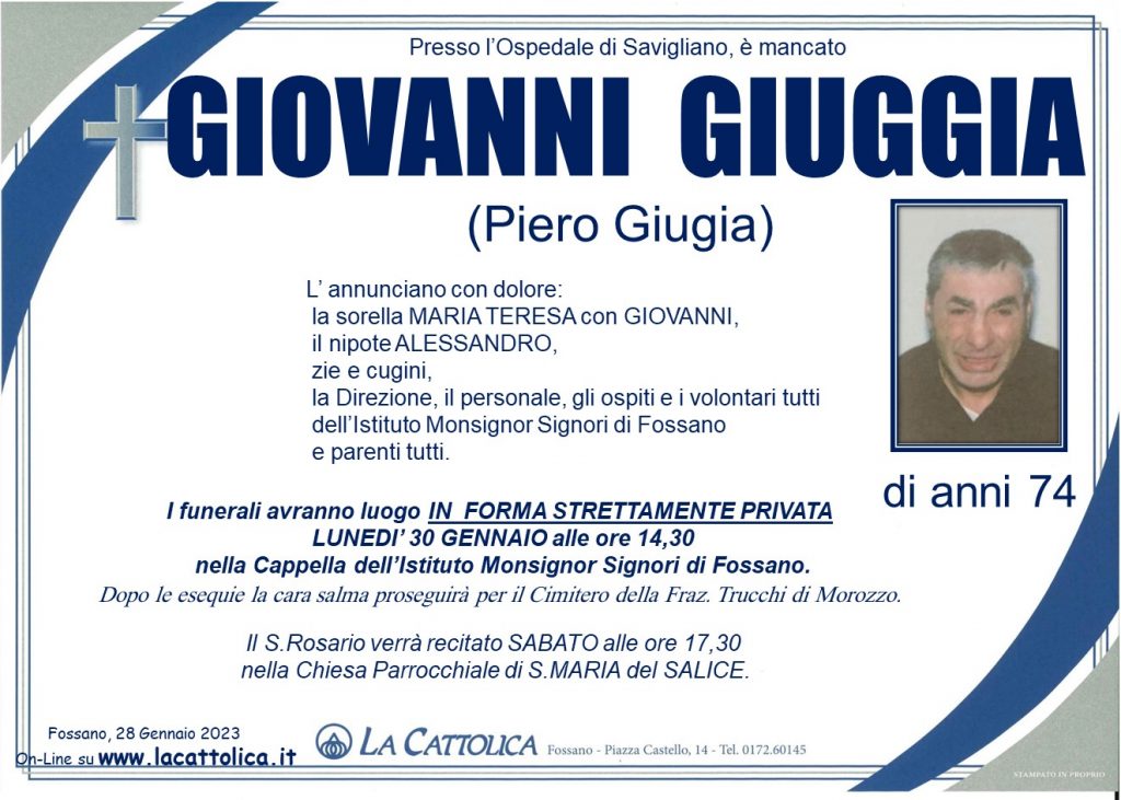 Giovanni Giuggia (Piero Giugia) – Onoranze funebri La Cattolica – Fossano – Cuneo