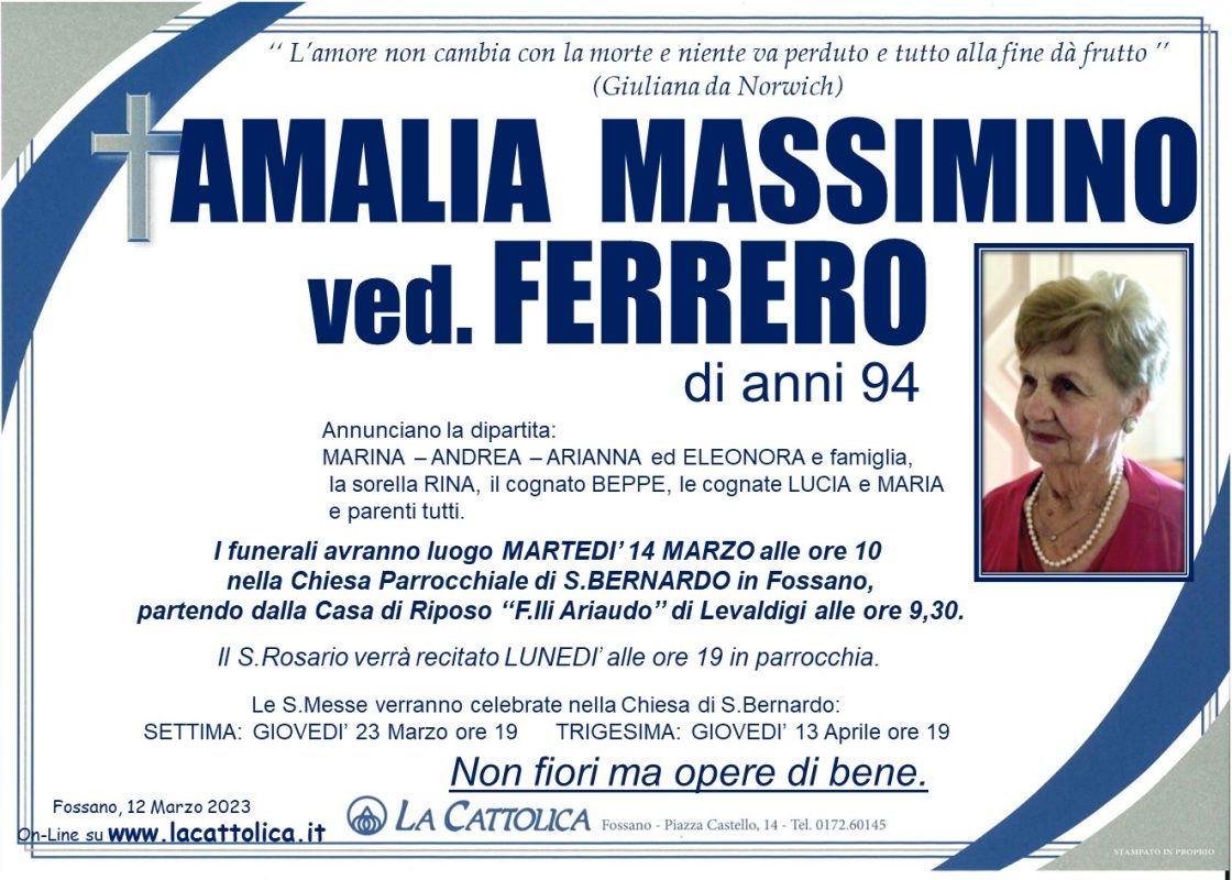 Amalia Massimino ved. Ferrero – Onoranze funebri La Cattolica – Fossano – Cuneo