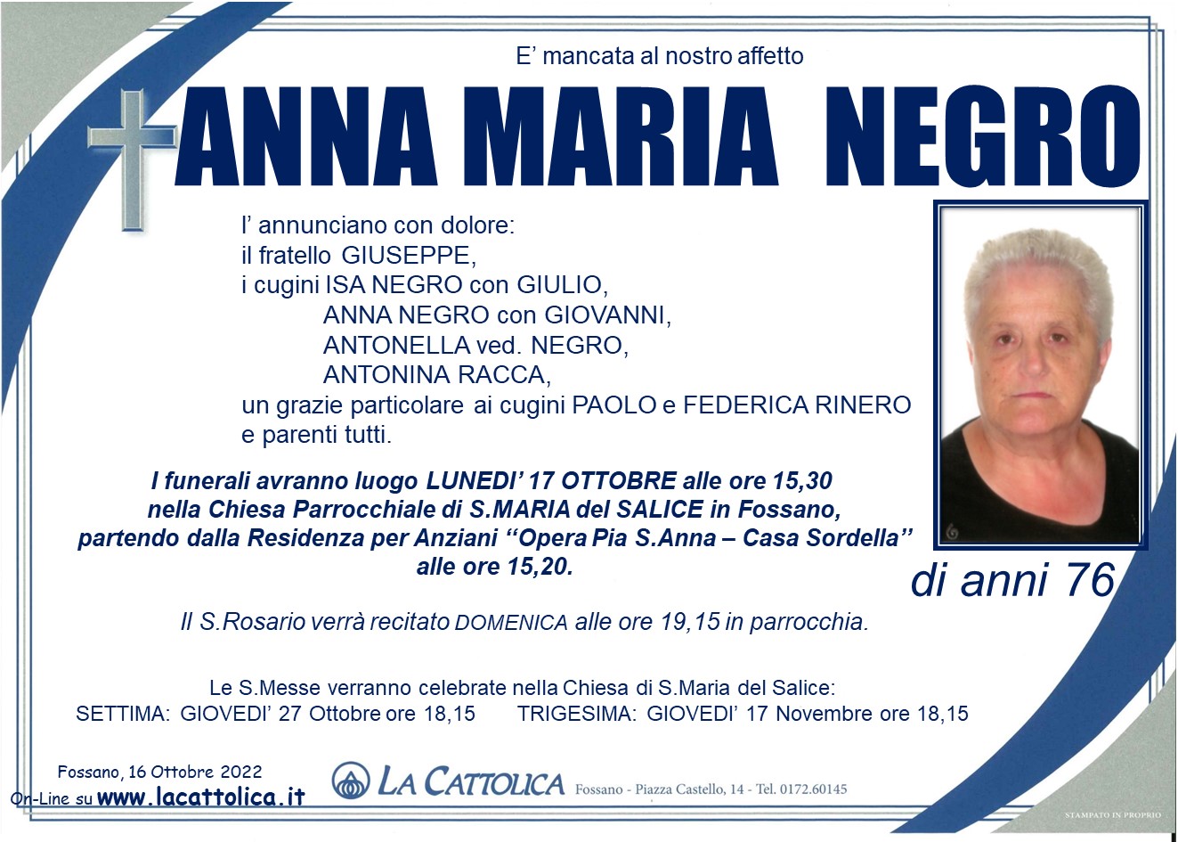 Anna Maria Negro – Onoranze funebri La Cattolica – Fossano – Cuneo
