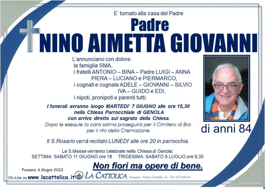 Padre Nino Aimetta Giovanni – Onoranze funebri La Cattolica – Fossano – Cuneo