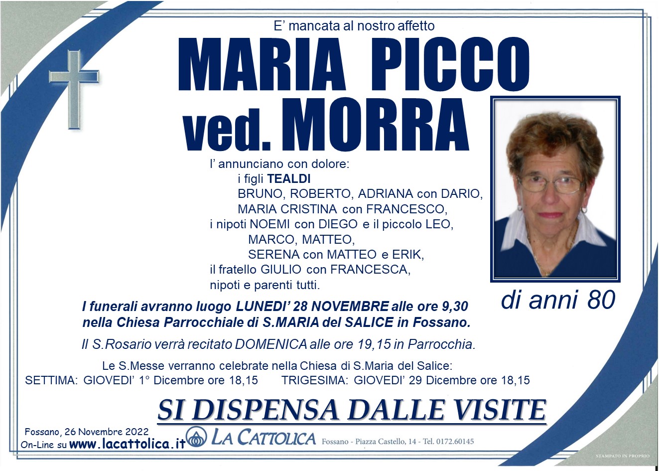 Maria Picco ved. Morra – Onoranze funebri La Cattolica – Fossano – Cuneo