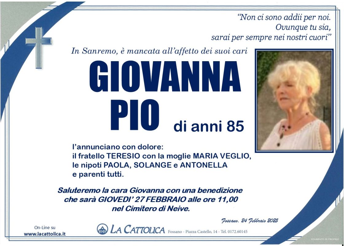 Pio Giovanna – Onoranze funebri La Cattolica – Fossano – Cuneo