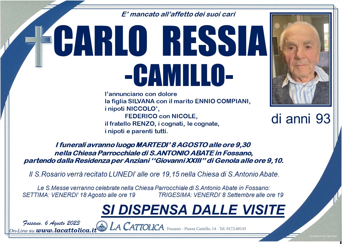 Ressia Carlo (Camillo) – Onoranze funebri La Cattolica – Fossano – Cuneo