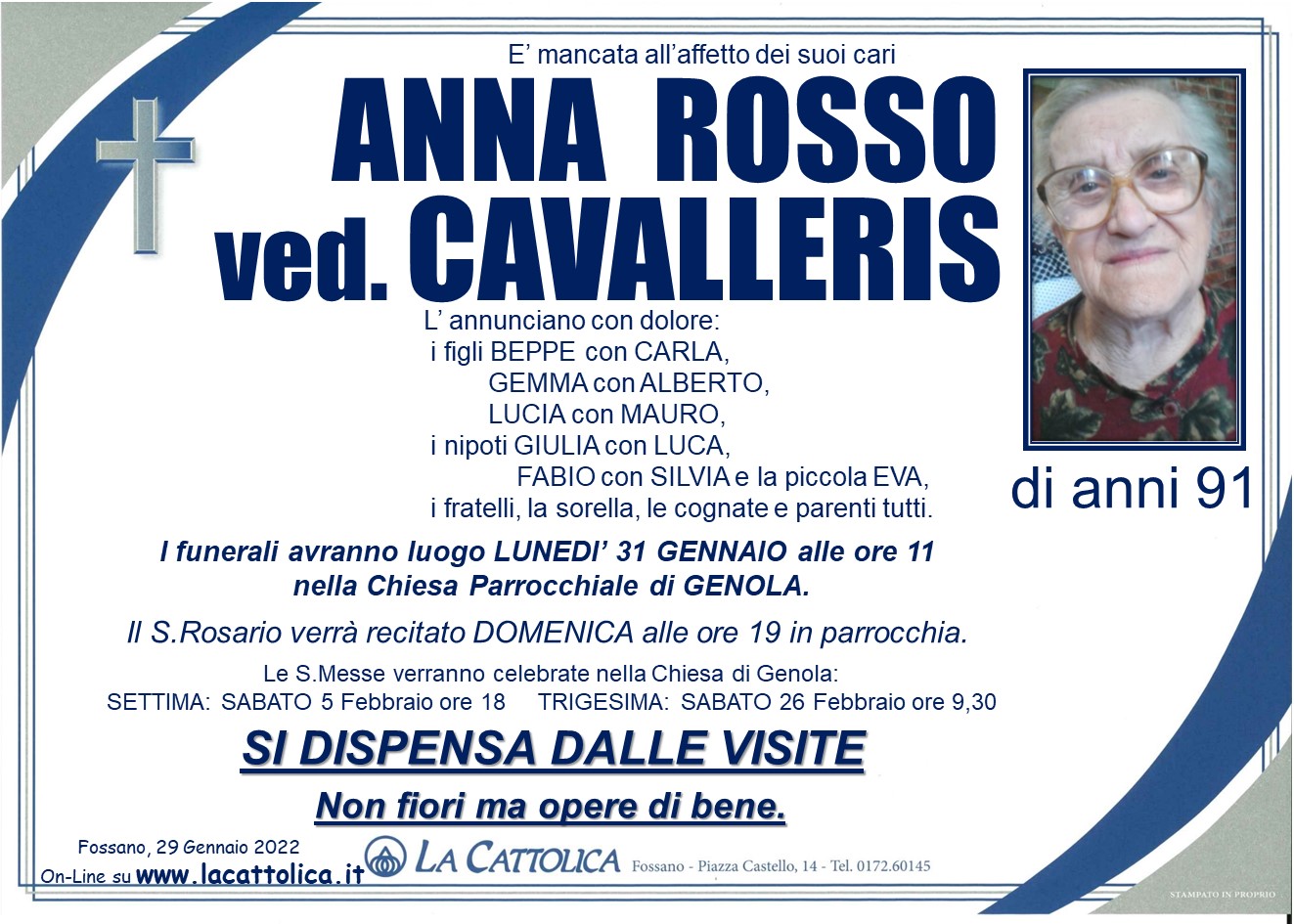 Anna Rosso ved. Cavalleris – Onoranze funebri La Cattolica – Fossano ...