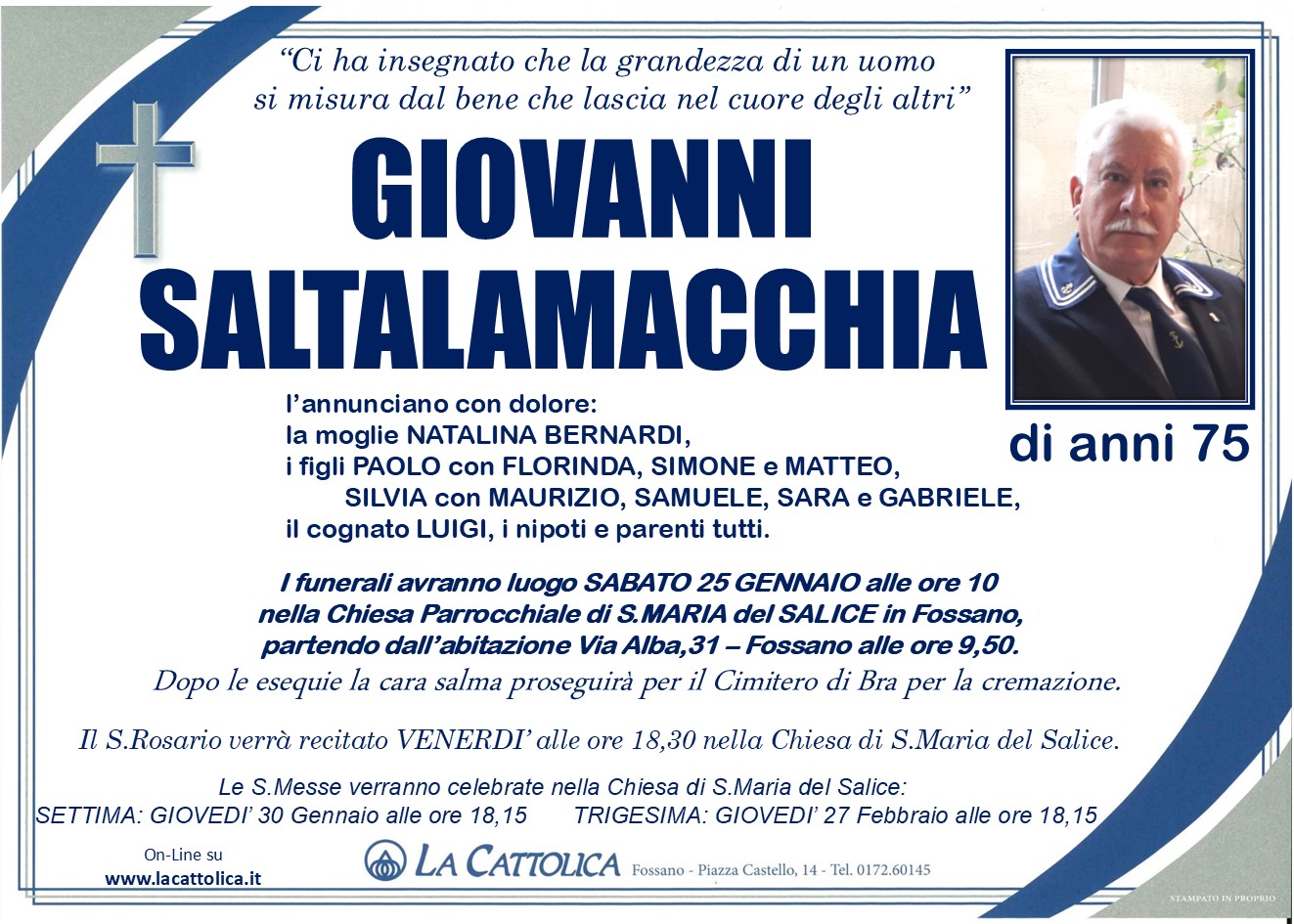 Saltalamacchia Giovanni – Onoranze funebri La Cattolica – Fossano – Cuneo