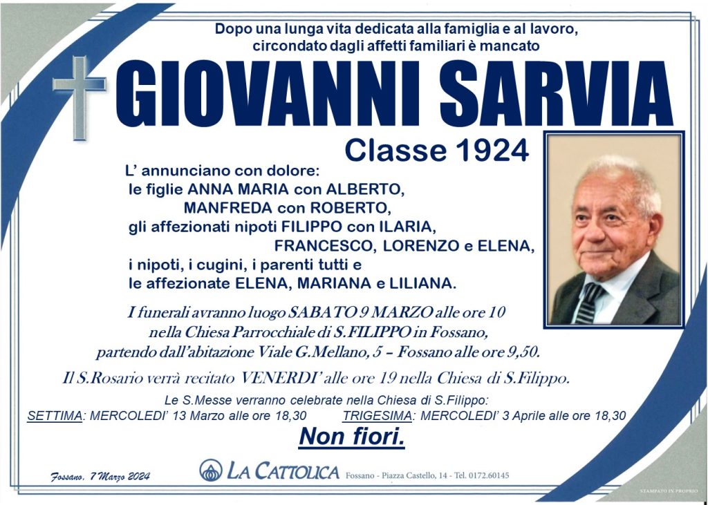 Sarvia Giovanni – Onoranze funebri La Cattolica – Fossano – Cuneo