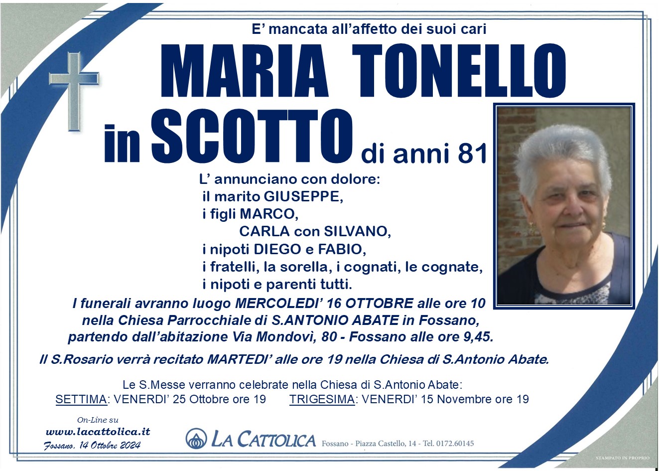 Tonello Maria in Scotto – Onoranze funebri La Cattolica – Fossano – Cuneo