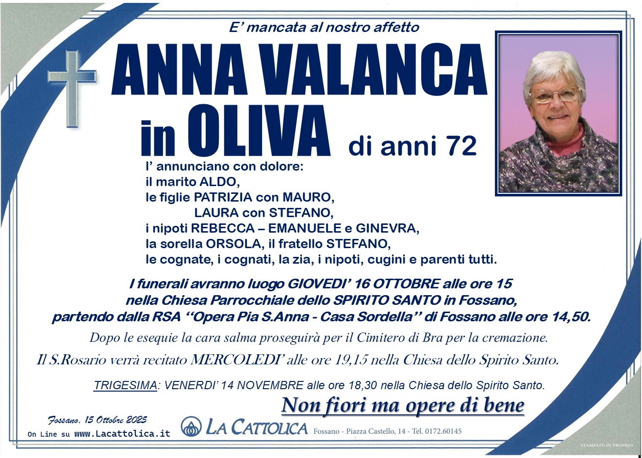 Valanca Anna in Oliva – Onoranze funebri La Cattolica – Fossano – Cuneo