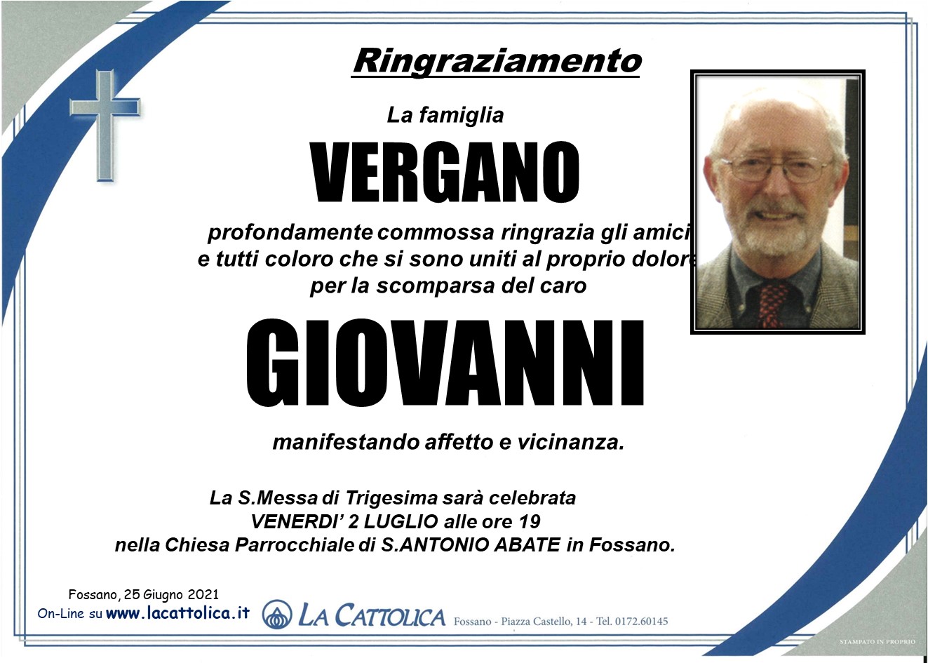 Giovanni Vergano – Onoranze funebri La Cattolica – Fossano – Cuneo