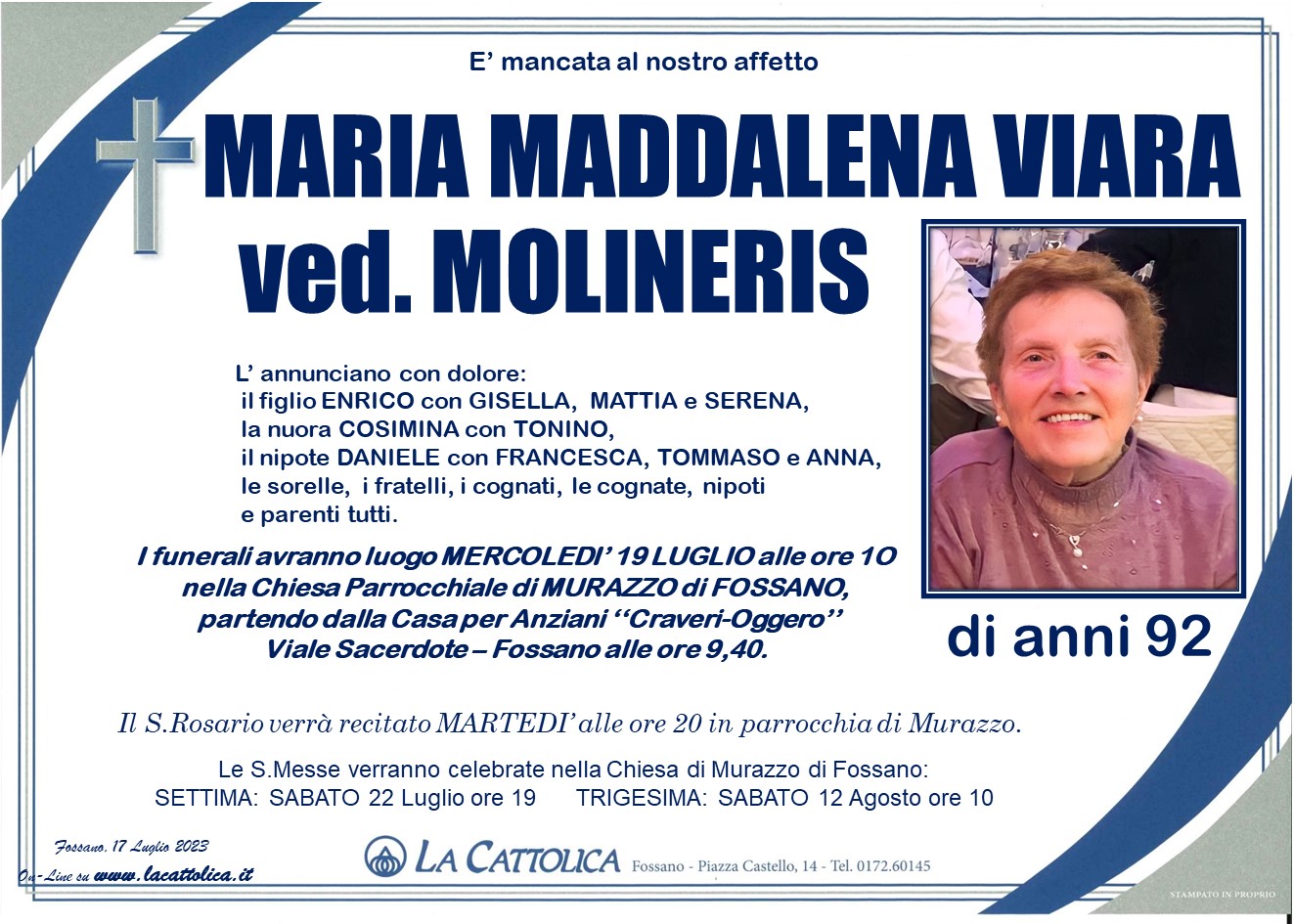 Necrologi – Onoranze funebri La Cattolica – Fossano – Cuneo